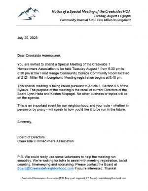Notice of Special Meeting of Creekside I HOA Members – Creekside ...