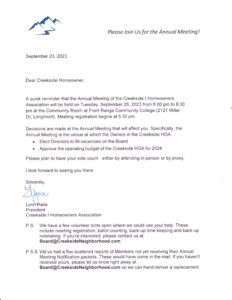 Annual Meeting Reminder – Creekside Homeowners Association